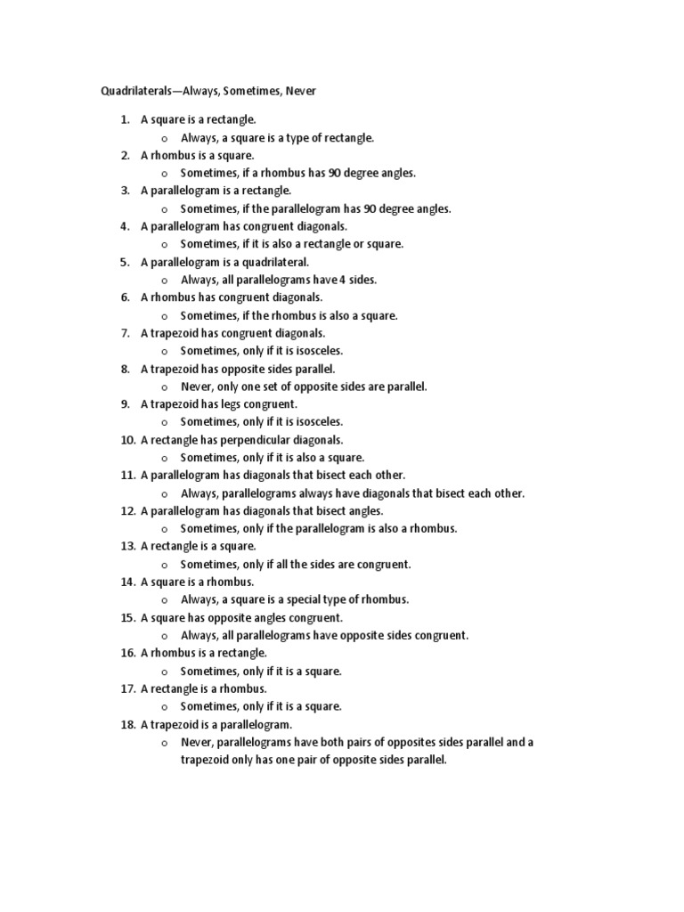 Quadrilateral Relationships: Always, Sometimes, Never | PDF | Rectangle ...