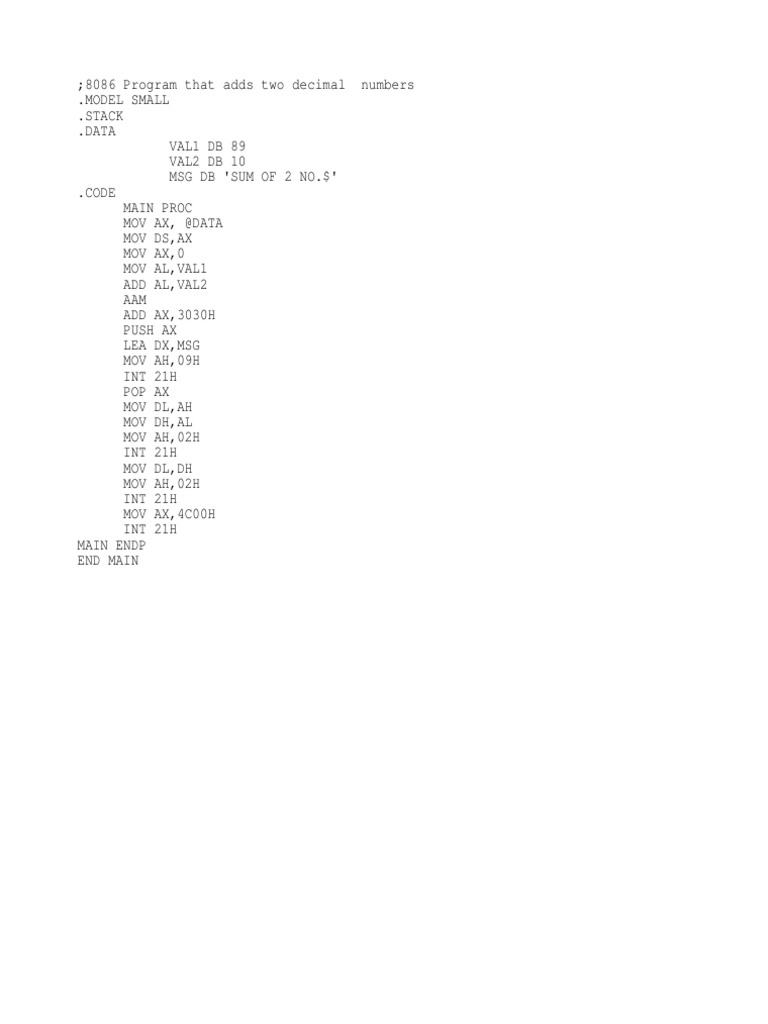 8086 Program To Add Two Decimal Numbers PDF X86 Architecture