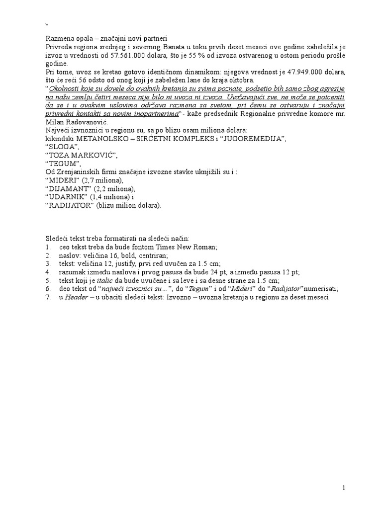 Primeri Vezbi Za Word | PDF