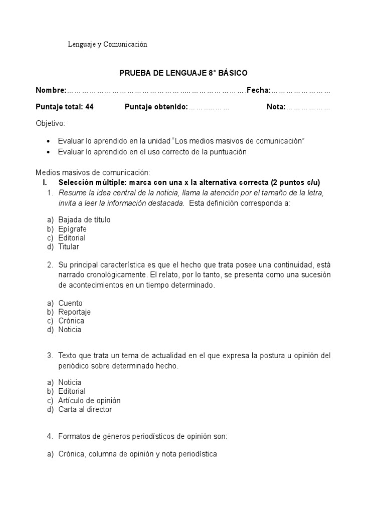 Prueba Medio Masivos de Comunicacion | PDF | Medios de comunicación ...