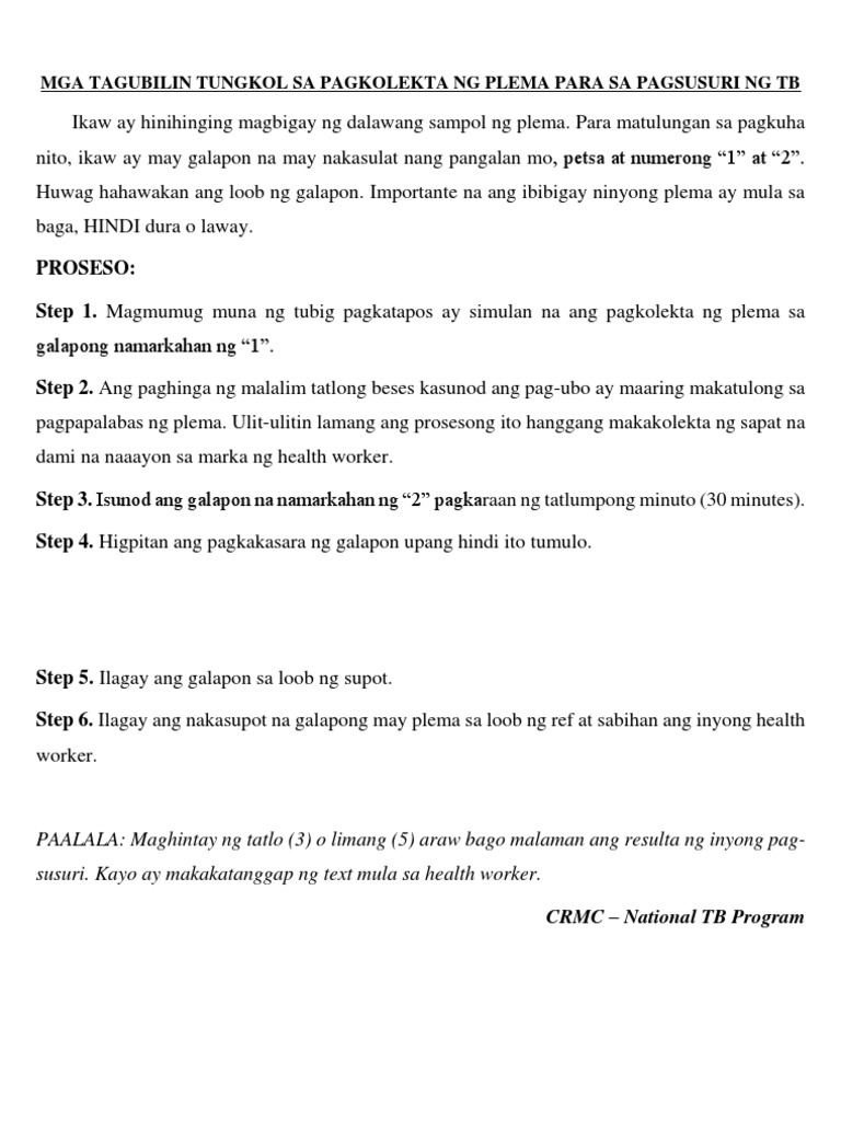 Mga Tagubilin Tungkol Sa Pagkolekta NG Plema para Sa Pagsusuri NG ...