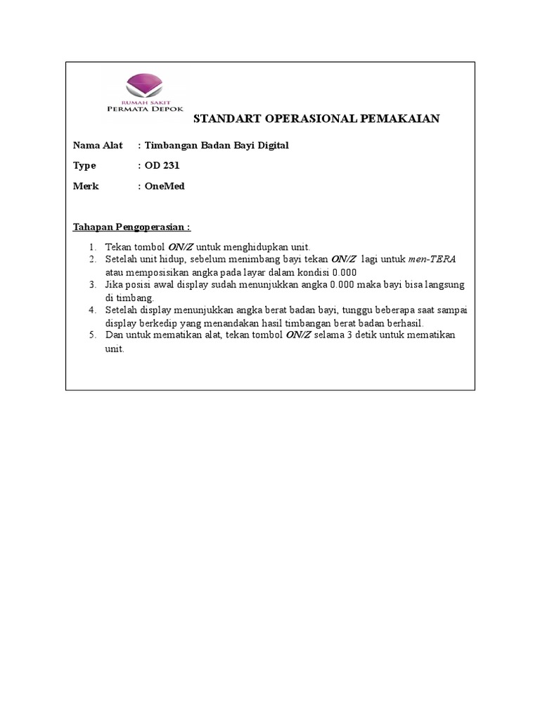 SOP Timbangan Badan Bayi Digital | PDF