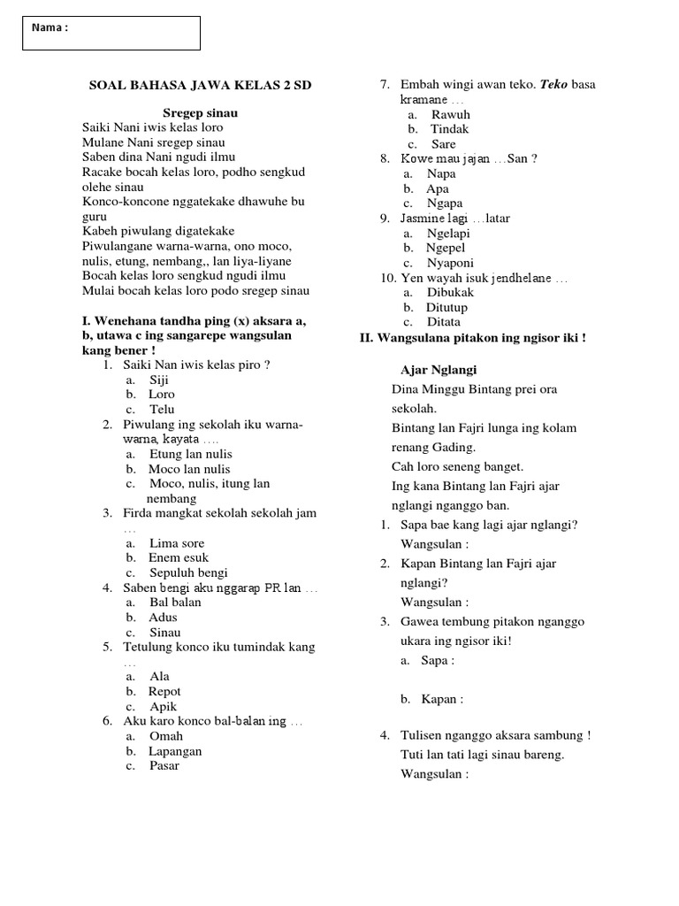 Soal Bahasa Jawa Kelas 2 SD | PDF