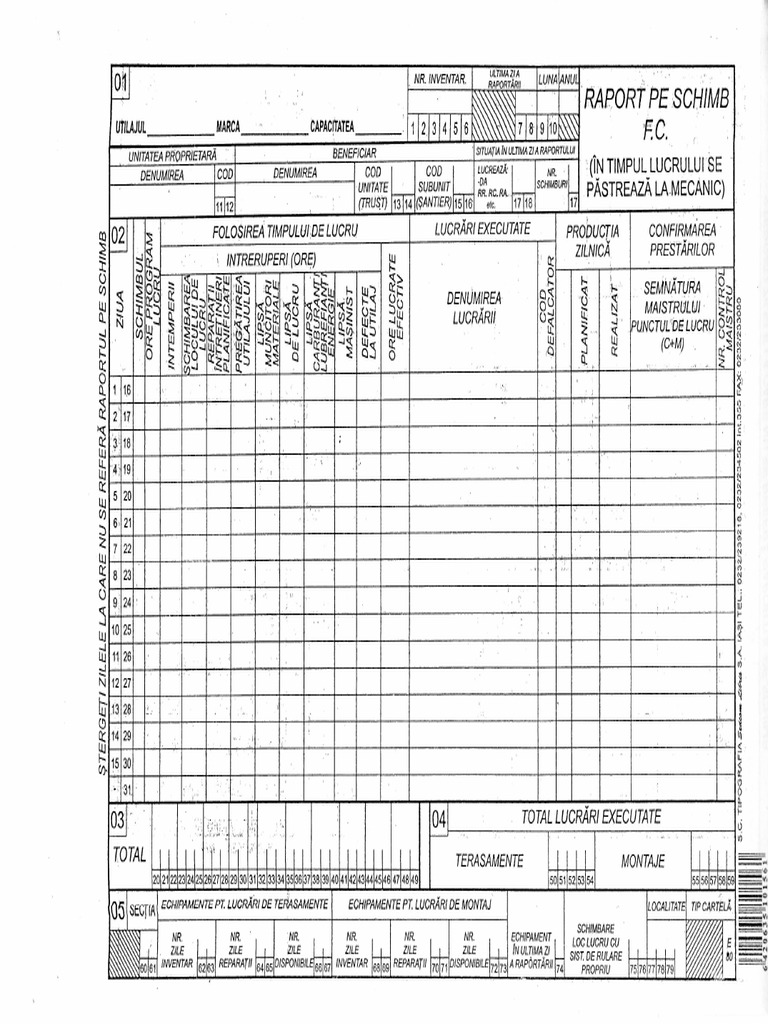 Raport Pe Schimb Utilaj