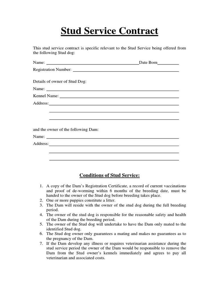 Contract - Stud Service PDF | PDF | Dog Breeding | Horse Breeding