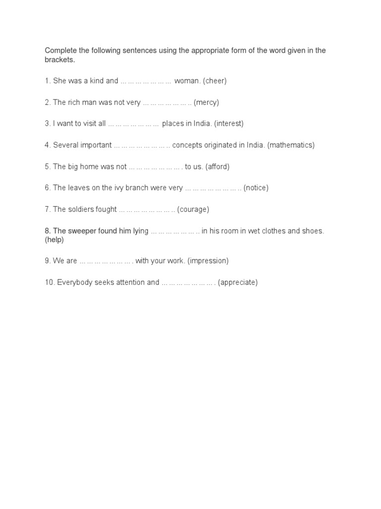 Complete The Following Sentences Using The Appropriate Form of The Word ...