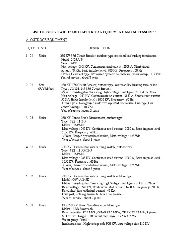 230 KV Switchyard Equipment List | PDF | Transformer | Insulator ...