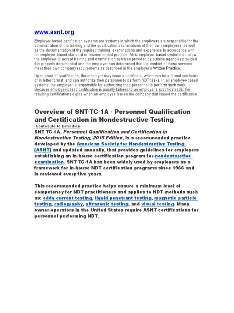 Overview of SNT-TC-1A - Personnel Qualification and Certification in ...