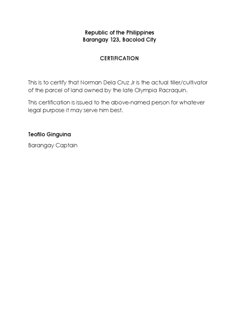 Republic of The Philippines Barangay 123, Bacolod City Certification | PDF