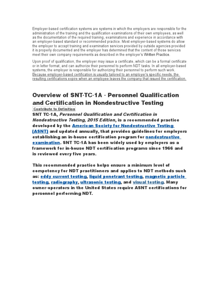 Overview of SNT-TC-1A - Personnel Qualification and Certification in ...