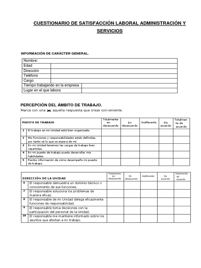 Cuestionario de Satisfacción Laboral | PDF | Toma de decisiones | Business Cuestionario de Satisfacción Laboral | PDF | Toma de decisiones | Business