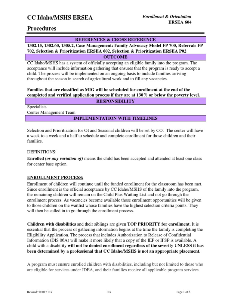 ERSEA Enrollment Procedures Overview | PDF | Individualized Education ...