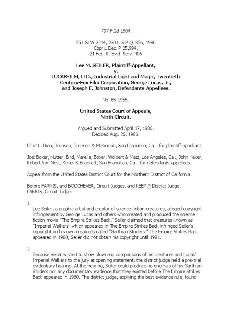Seiler v. Lucas Film LTD | PDF | Evidence (Law) | Evidence