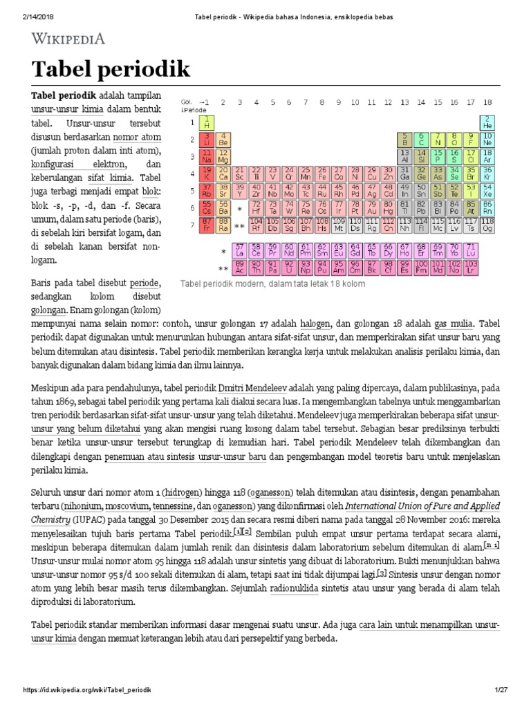 Tabel Periodik - Wikipedia Bahasa Indonesia, Ensiklopedia Bebas | PDF