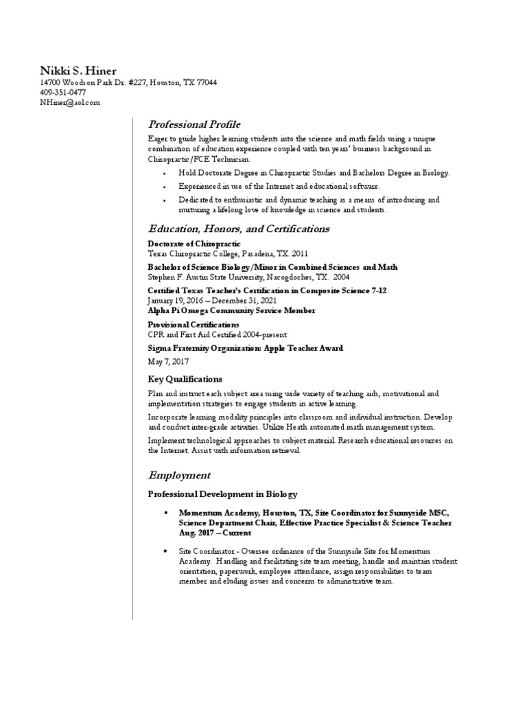 Nikki Hiners Resume 2018 | PDF | Chiropractic | Teachers