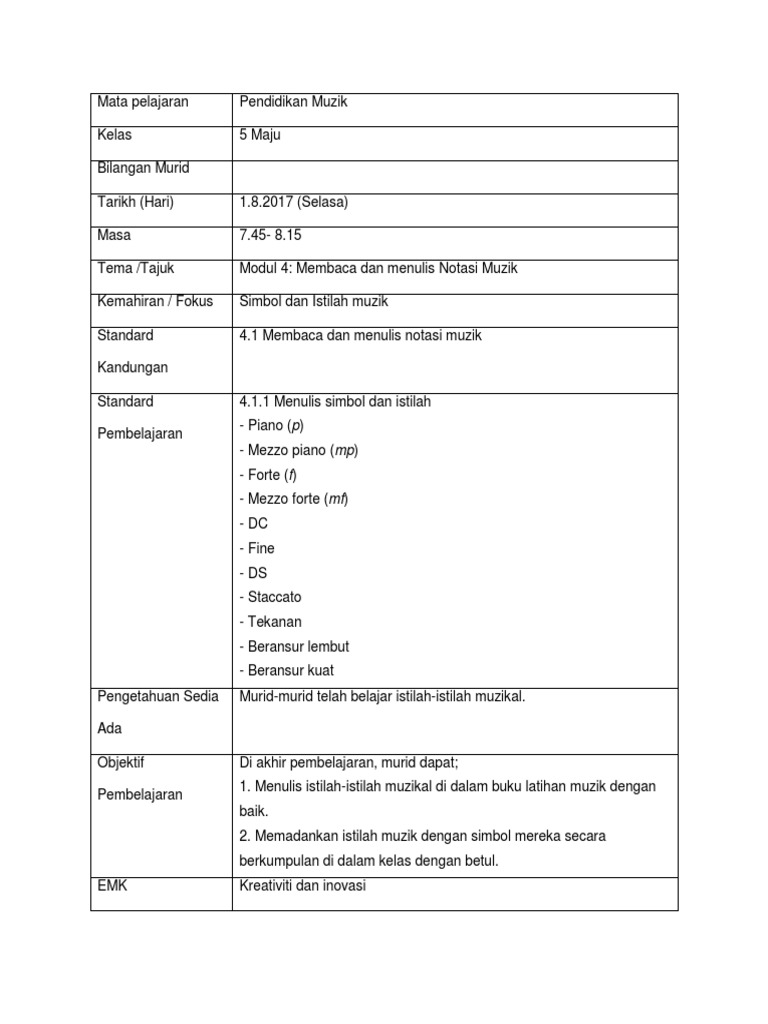 Contoh RPH Muzik Tahun 5 | PDF
