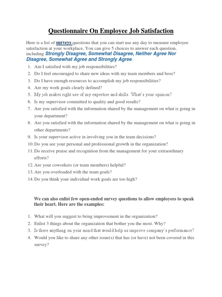 Questionnaire On Employee Job Satisfaction | PDF