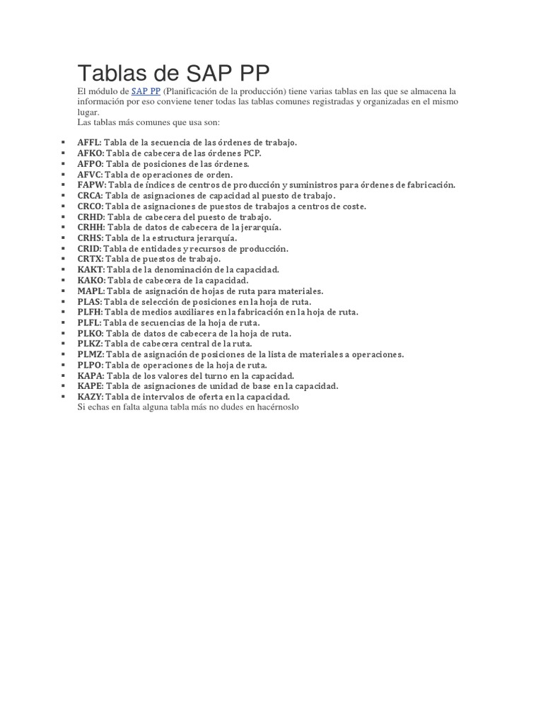 Tablas de SAP PP | PDF