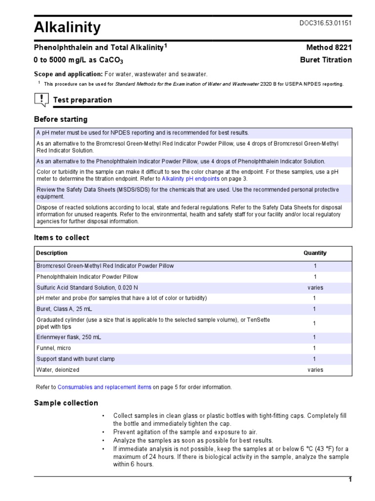 Alkalinity: Phenolphthalein and Total Alkalinity Method 8221 0 To 5000 MG/L As Caco Buret ...