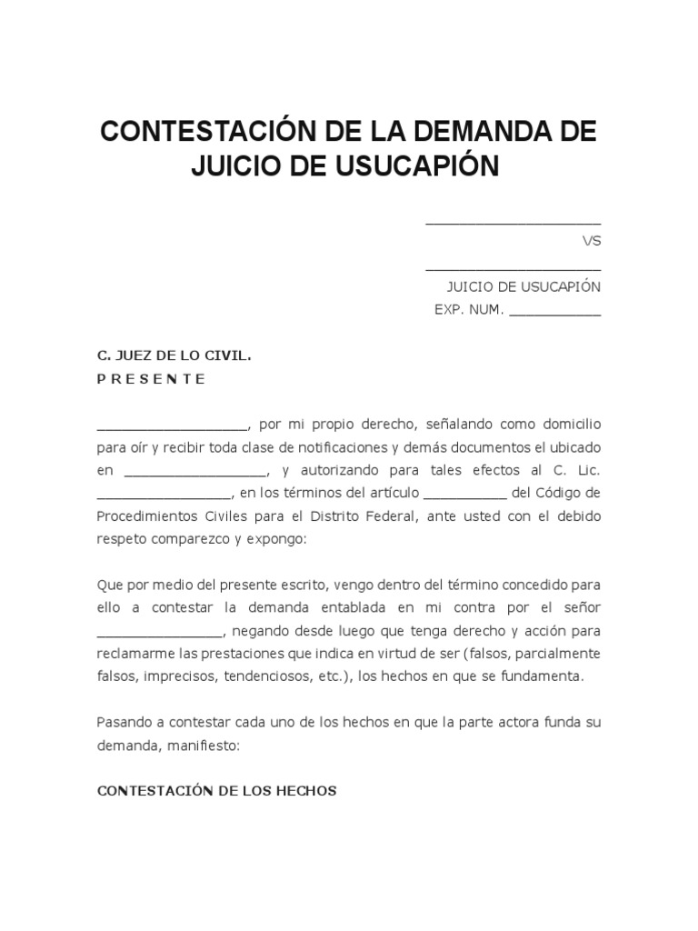 Contestación De La Demanda De Juicio De Usucapión Demanda Judicial