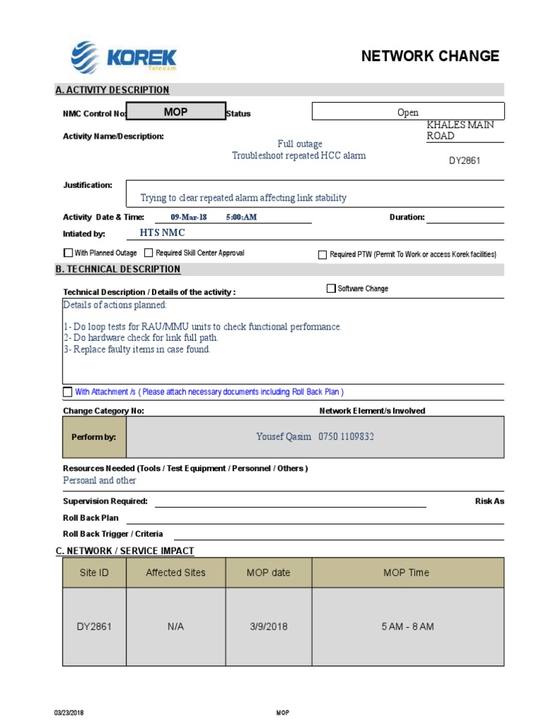 Network Change Request / New Mop Form: Open Khales Main Road | PDF ...
