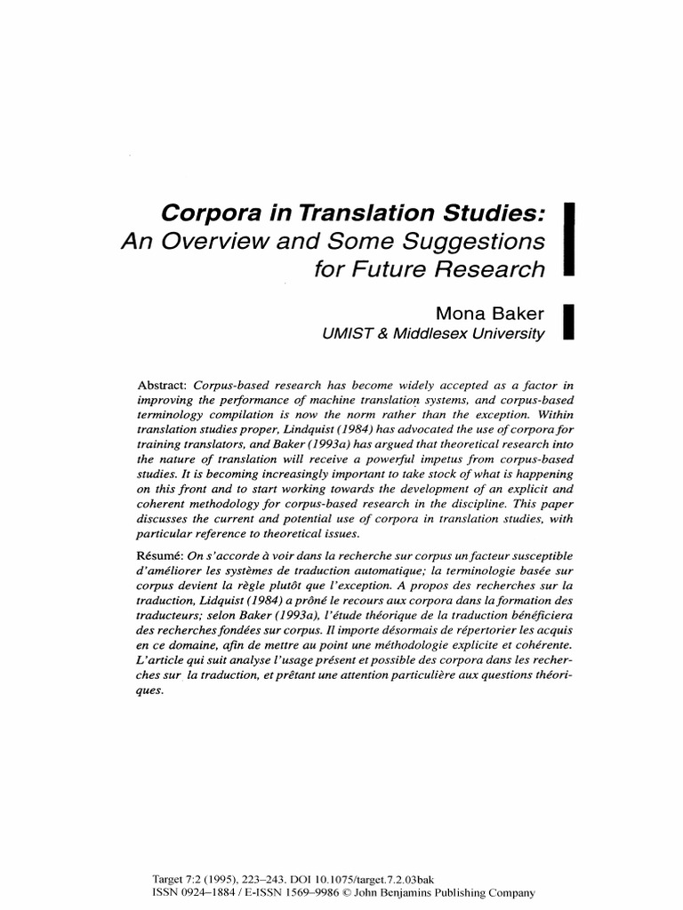 Corpora in Translation Studies An Overview and Some Suggestions For Future Research - 1995 | PDF ...