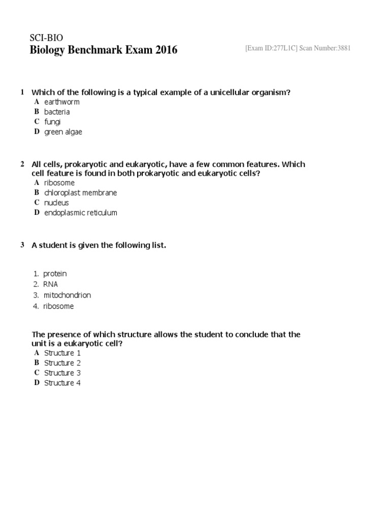 Biology Benchmark Exam 2016: Sci-Bio | PDF | Eukaryotes | Cell (Biology)