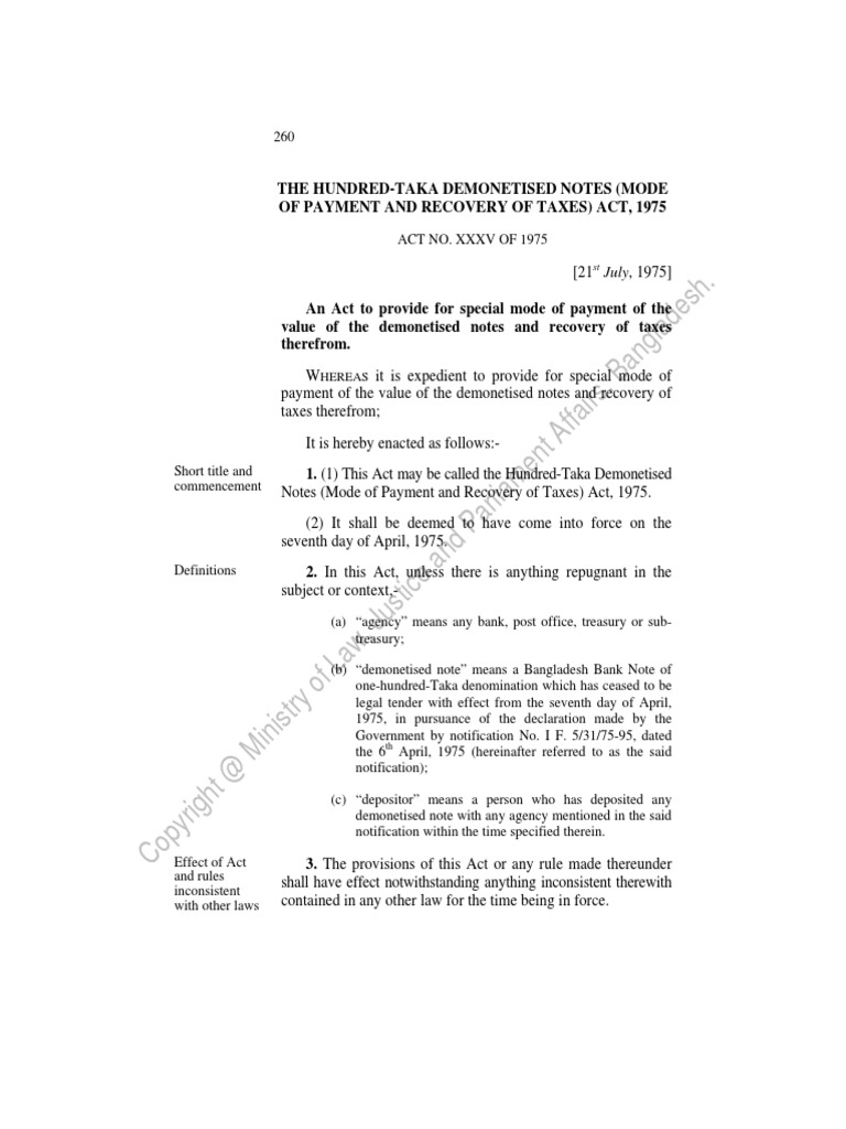 Bangladesh Demonetised Notes Act 1975 | PDF | Legal Tender | Public Law