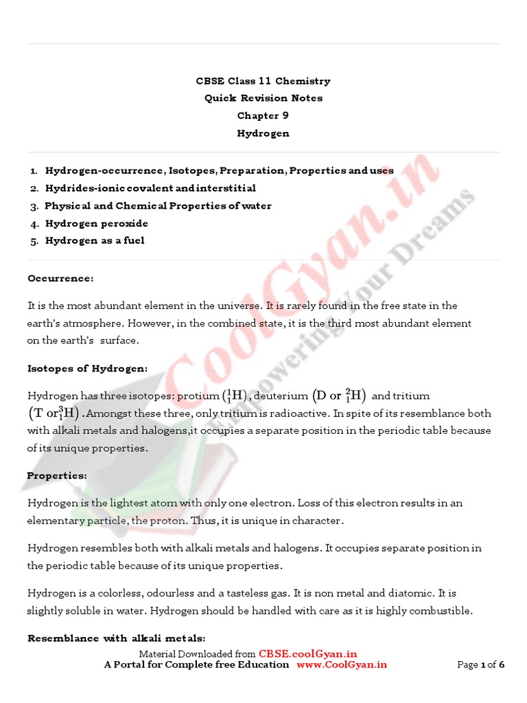 11 Chemistry Notes Ch09 Hydrogen | PDF | Hydride | Hydrogen
