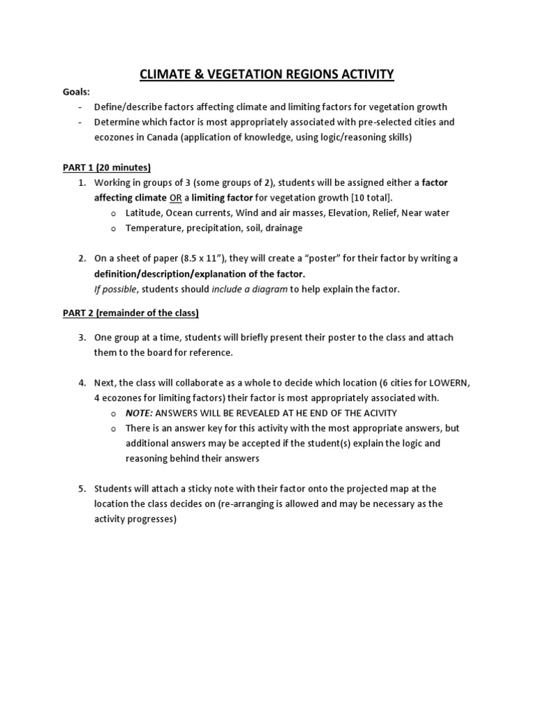 Climate & Vegetation Factors Activity | PDF | Teaching Methods ...