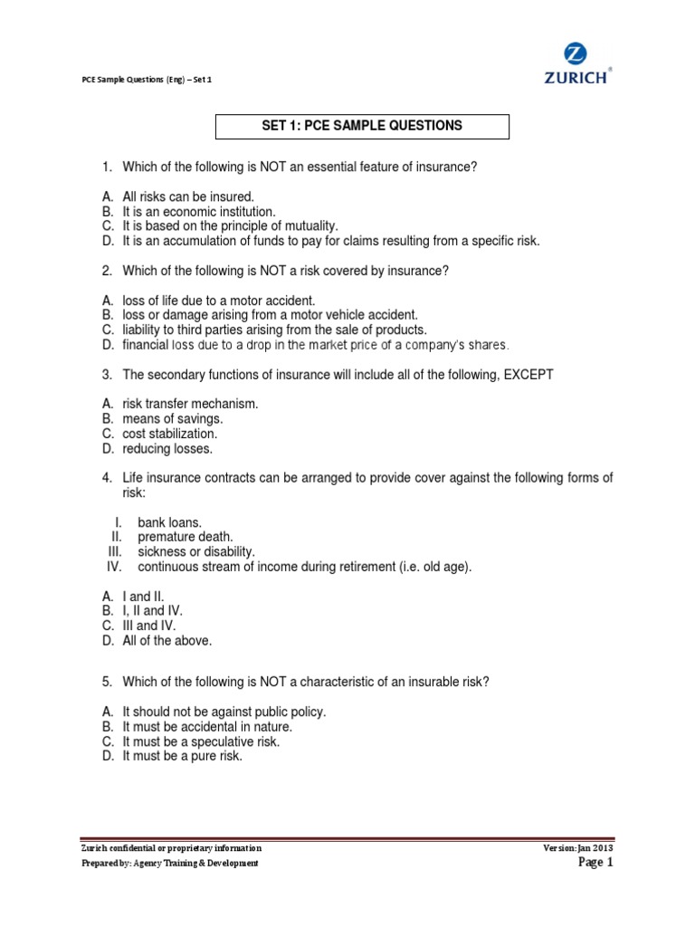 PCE Sample Questions (Eng) - Set 1 | PDF | Life Insurance | Insurance