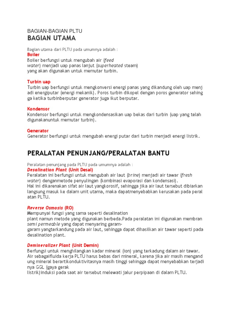 Komponen Utama dan Penunjang PLTU | PDF