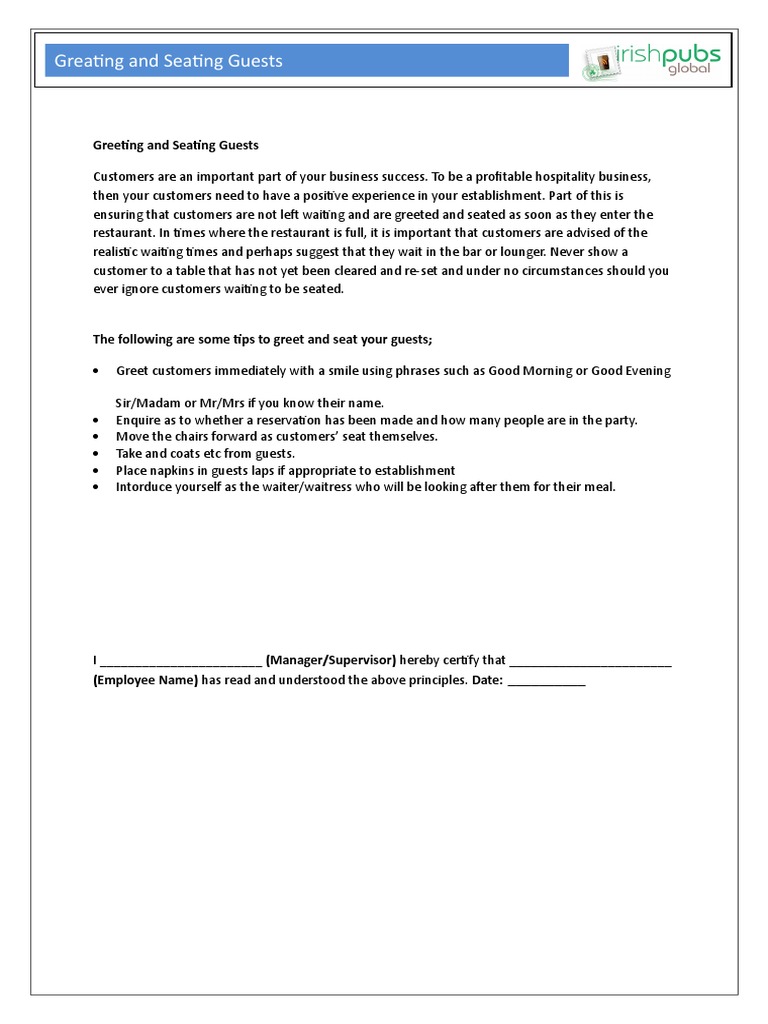 Restaurant Guest Greeting Tips | PDF | Career & Growth | Self-Improvement