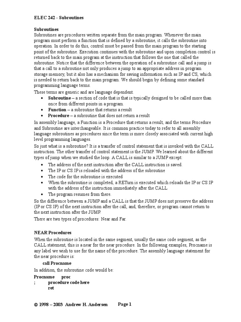 ELEC 242 - Subroutines Subroutines | PDF | Subroutine | Pointer ...