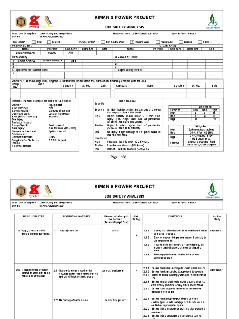 JSA Cable Pulling and Laying Works | PDF | Personal Protective ...