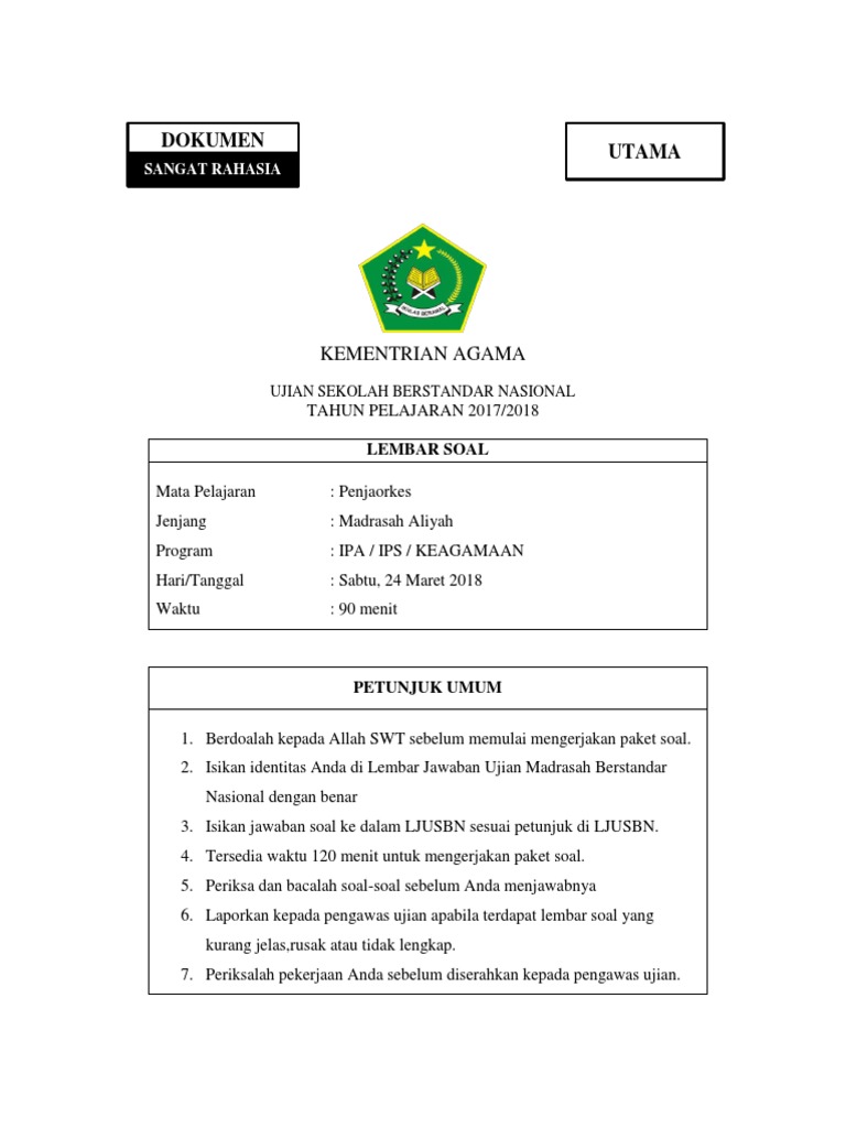 Sampul Soal Ujian Sekolah Nasional | PDF