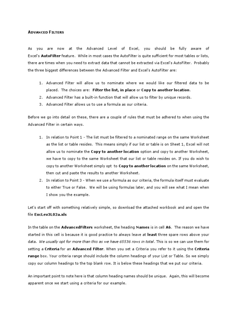 Dvanced Ilters: Range Box. Your Criteria Range Should Include The ...