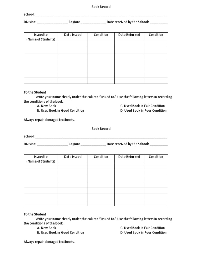 Student Book Record Template | PDF