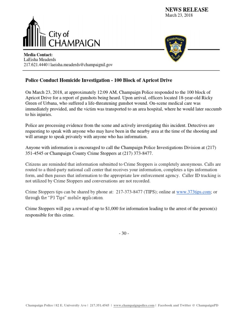 23mar2018 - CPD News Release - Police Conduct Homicide Investigation ...