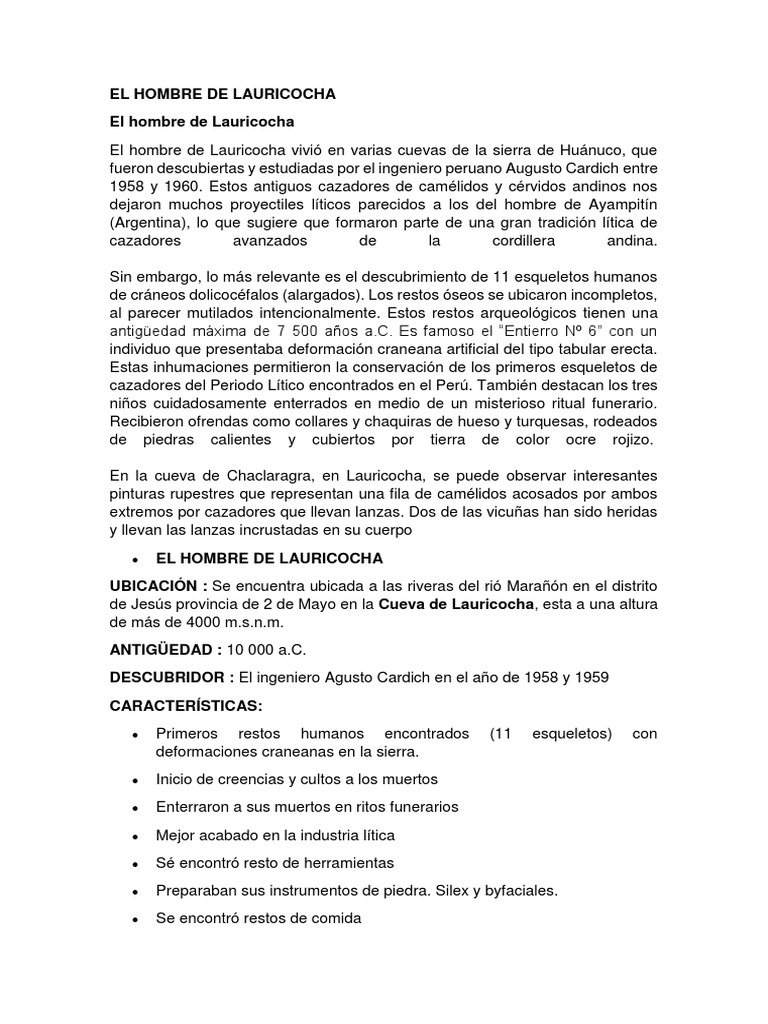 El Hombre de Lauricocha: Descubrimientos Clave | PDF | Arqueología