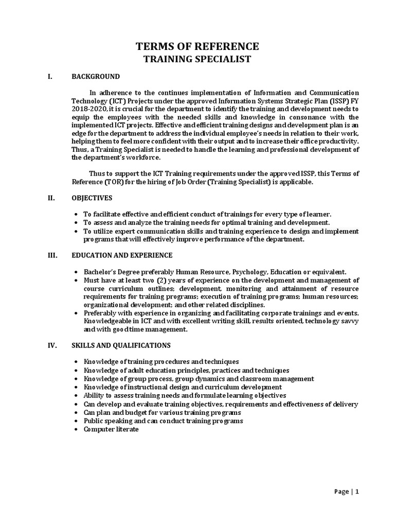 Terms of Reference: Training Specialist | Download Free PDF ...