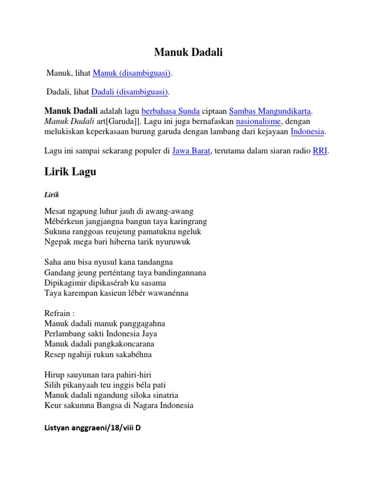 Lirik Lagu Manuk Dadali | PDF