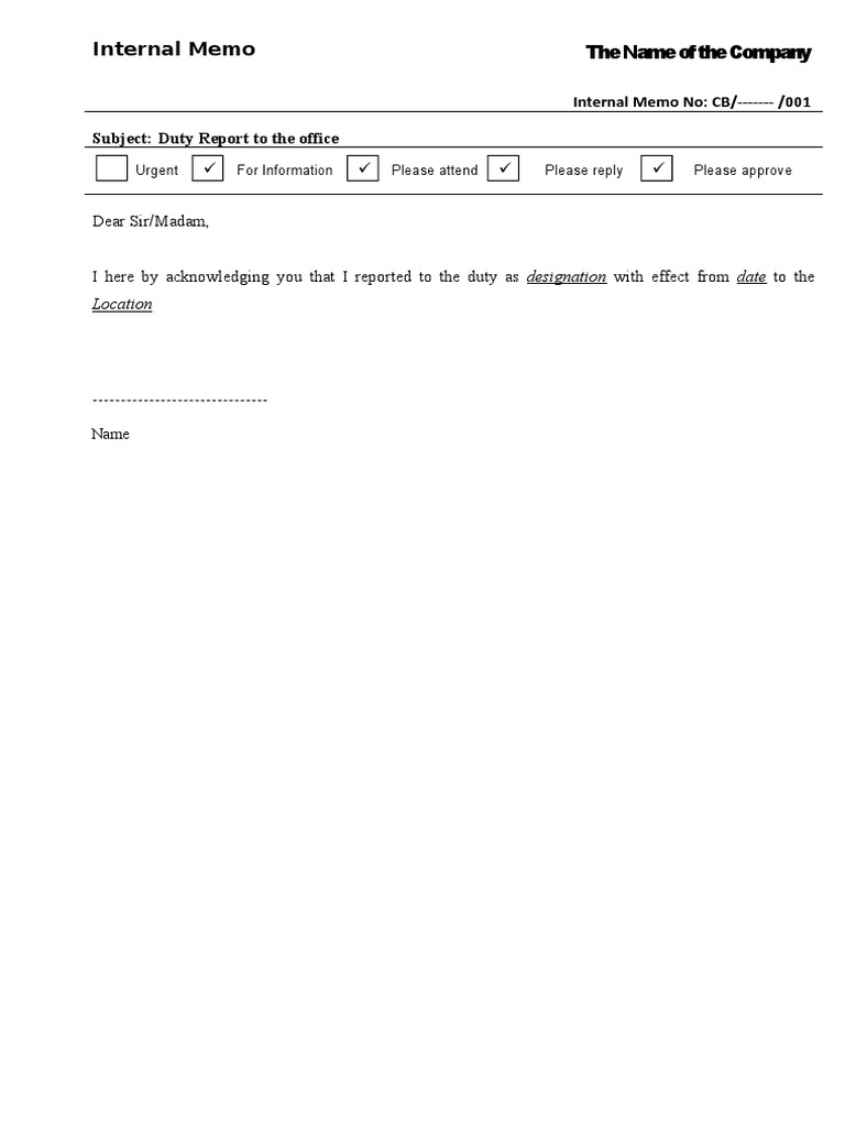 Internal Memo: Internal Memo No: CB/ - /001 Subject: Duty Report To The ...