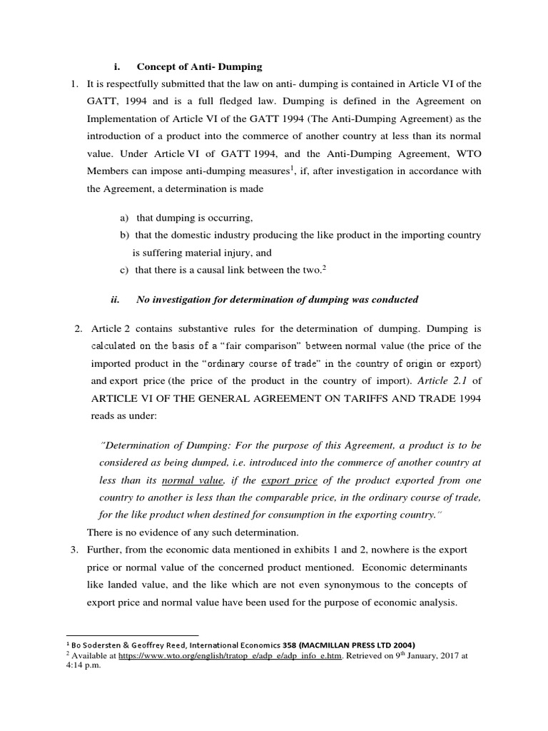 I. Concept of Anti-Dumping: Ii. No Investigation For Determination of ...