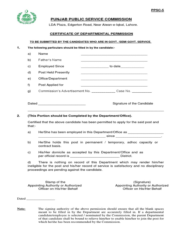 Dp-Certificate of Departmental Permission-Ppsc | PDF | Virtue | Justice