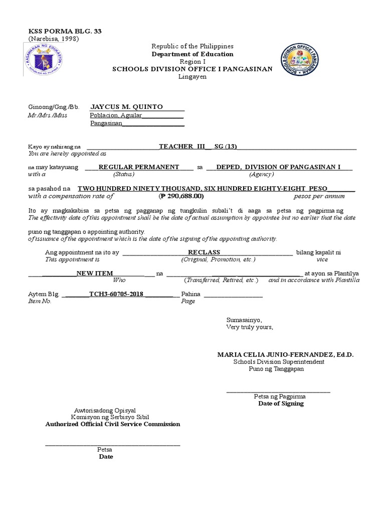 DepEd Appointment Order Sample | PDF | Philippines | Government
