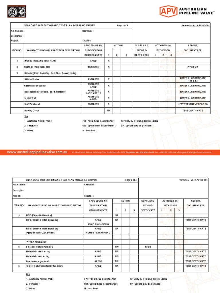 Standard Inspection and Test Plan For Api6D Valves: A GSL Company ...