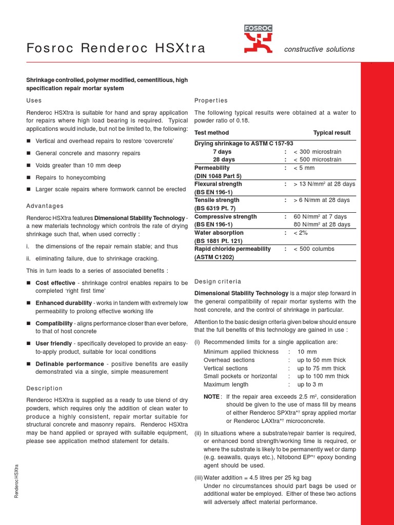 Fosroc Renderoc Hsxtra: Constructive Solutions | PDF | Mortar (Masonry ...