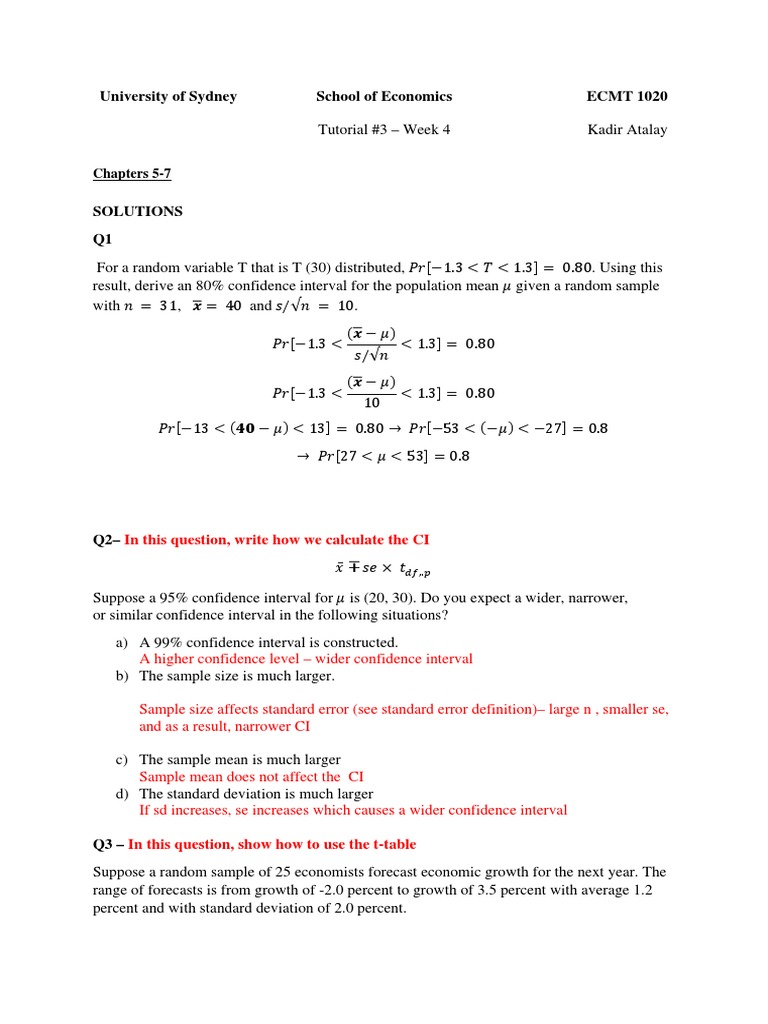 ECMT1020 - Week 04 Workshop Answers.pdf | Confidence Interval | Null ...
