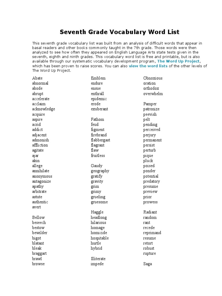7th Grade Vocabulary Word List for Standardized Tests | PDF